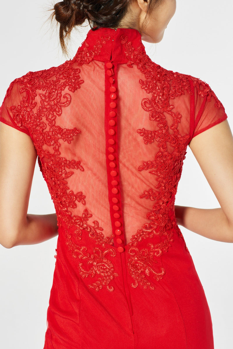 Chloe Bespoke Dress | Modern Red Lace Cheongsam | East Meets Dress
